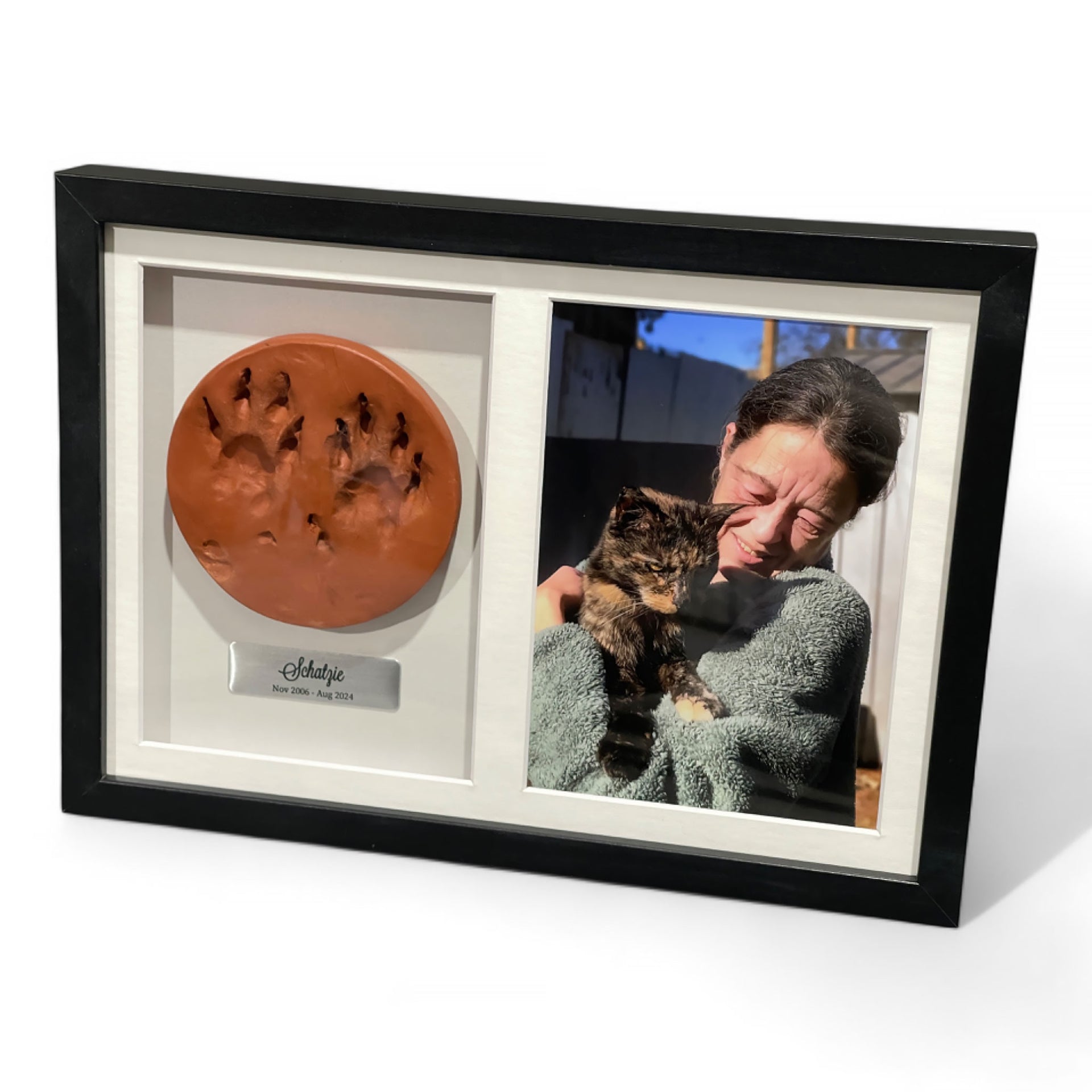Framed Clay Paw Print Memorial with Photo & Nameplate – Angel Ashes